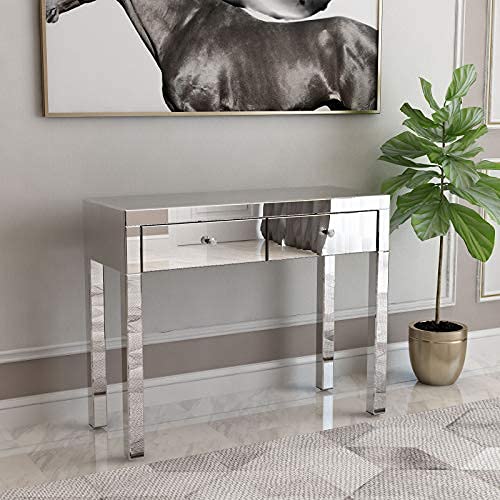 Mecor Mirrored Console Table,Makeup Vanity Table Sets w/ 2 Drawers&Stool Silver Finish Home Office Writing Desk