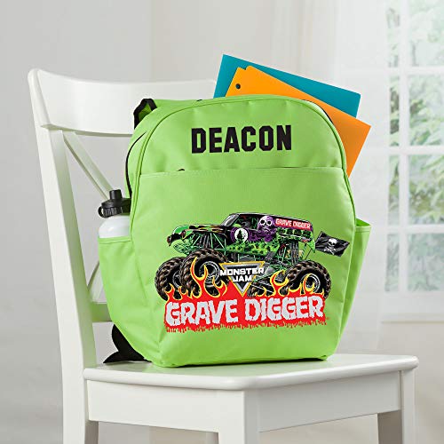 Monster Jam Grave Digger Personalized Backpack with Custom Name Printed on Green Book Bag | Zippered Compartments and Side Water Bottle Pockets | Youth Size School Bag