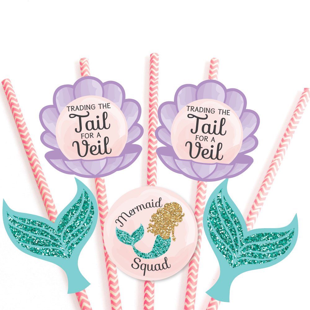 Trading The Tail for A Veil - Paper Straw Decor - Mermaid Bachelorette Party or Bridal Shower Striped Decorative Straws - Set of 24