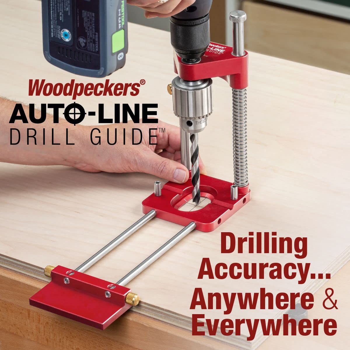 Woodpeckers Auto Line Drill Guide, Portable Drill Guide, Drill Up To 2 Inch Holes, Versatile Base and Fence System