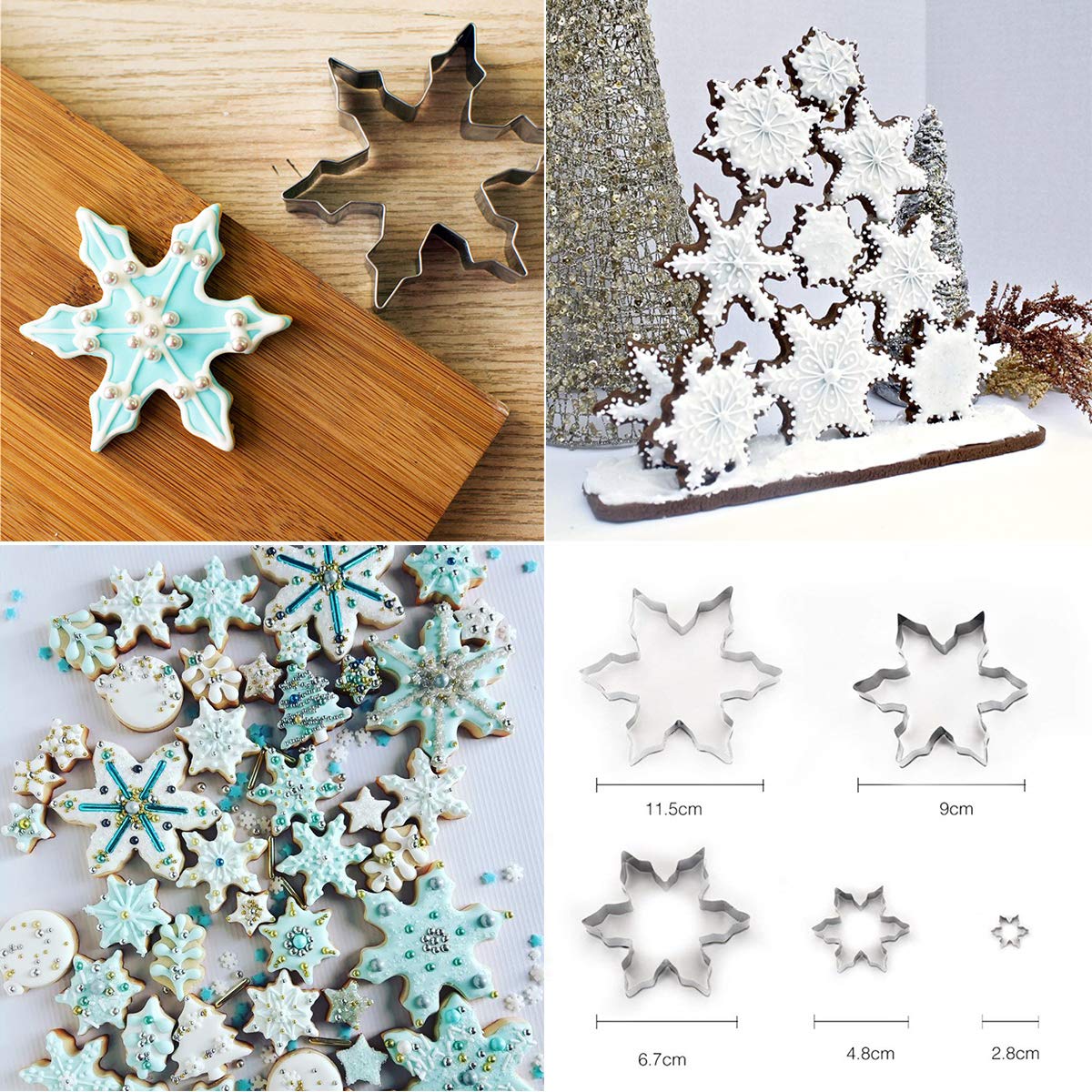 SBYURE Snowflake Cookie Cutter Set,5 Pcs Snowflake Shaped Stainless Steel Mold Cookie Cutter & 6PCS Snowflake Plunger Decorating Fondant Embossing Tool for Christmas and Winter Holiday