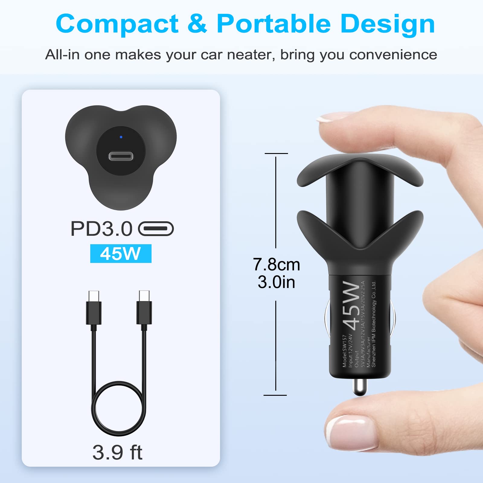 USB C Car Charger,45W Fast Type C Car Charger Adapter PD 3.0 Port with Cable Management,Compatible with Steam Deck/Nintendo SWitch/Switch OLED/USB C Phones and Tablets with 3.9FT Type C Charging Cable