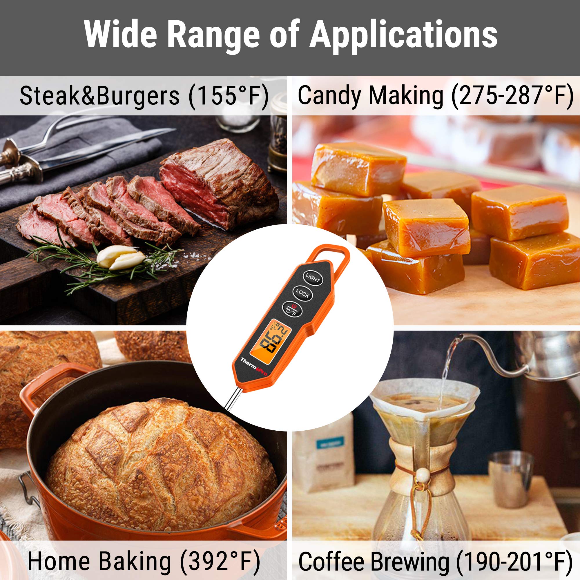 ThermoPro TP01H Digital Meat Thermometer with Long Probe, Food Thermometer for Cooking, Candy, Smoker, Oil, Grilling and BBQ, Instant Read Thermometer with Backlit & Lock Function
