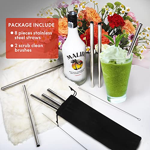 Stainless Steel Straws 8 pcs, Large 265mm (L)* 12mm (D) Straight Straws for 50 Oz Tumblers, Reusable Enviro Friendly straws with 2 Brushes, Clothing Bag Package for Parties/Home/Bar/Inns