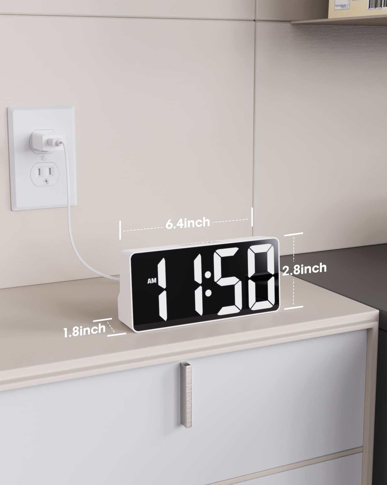 Mesqool Digital Alarm Clock for Bedroom, White, 7-Inch Screen, Adjustable Brightness, Loud Alarm, USB Charger, 12H/24H Time Format, Night Light, Dual Alarms, 18-Month Warranty