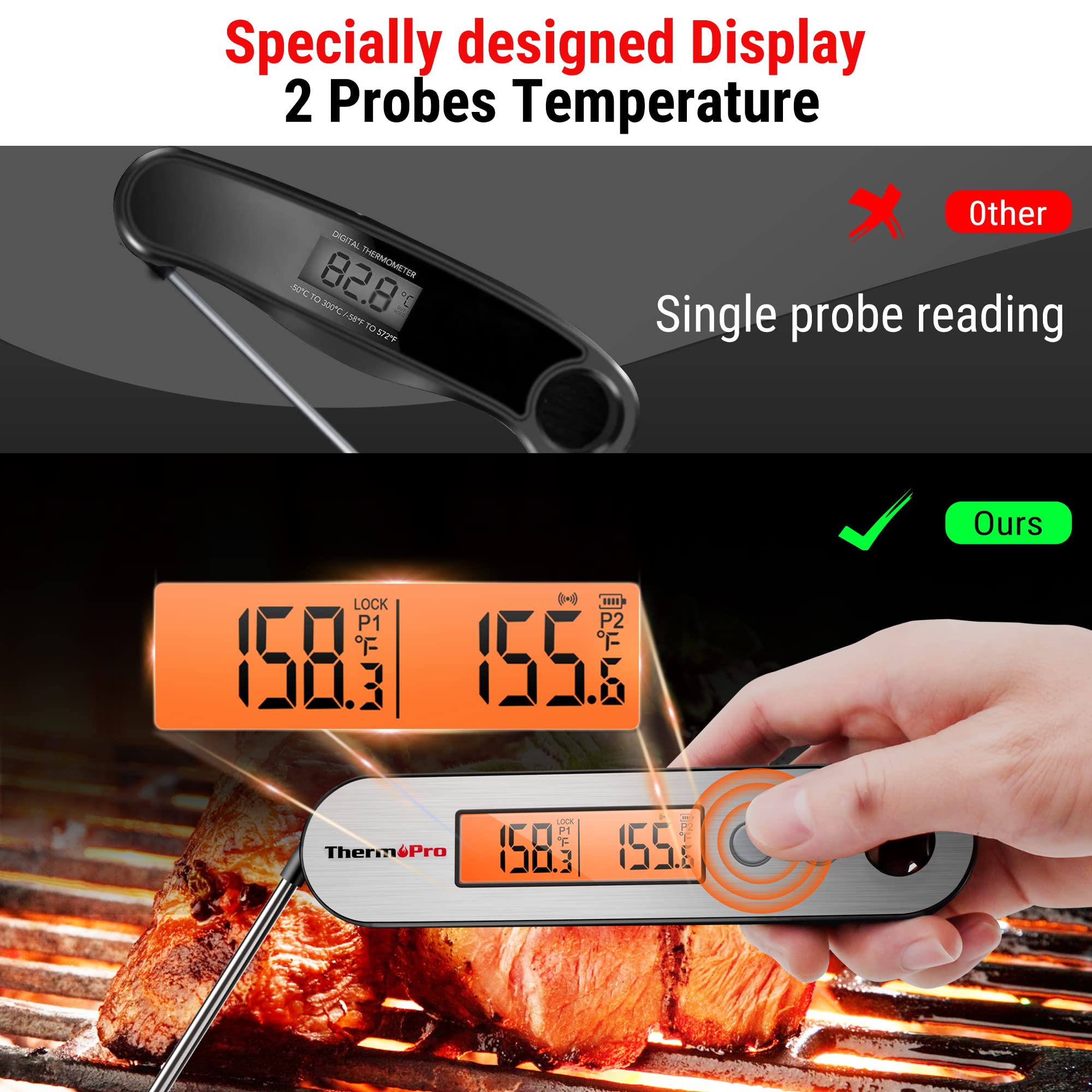 ThermoPro TP829 Wireless Meat Thermometer for Grilling and Smoking with ThermoPro TP610 Programmable Dual Probe Meat Thermometer with Alarm