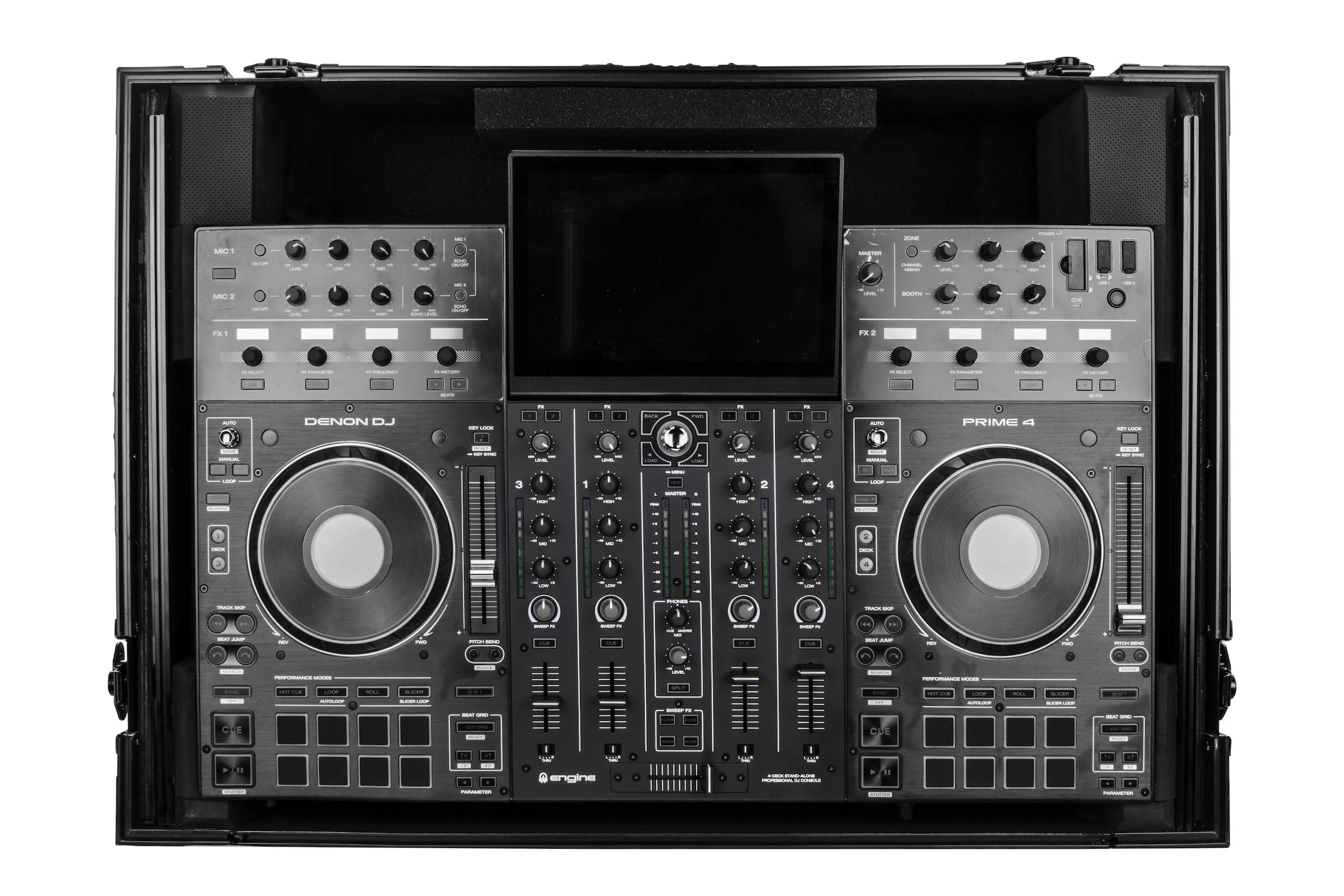 ODYSSEY FZGSPRIME4W2BL Denon Prime 4 Black Flight Case with Patented Glide Laptop Platform & 2U Rack Spaces