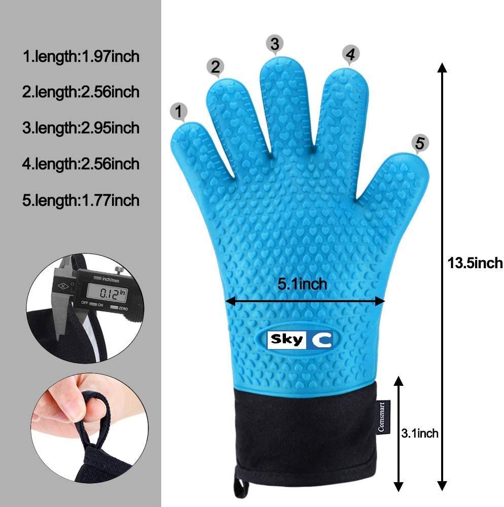 SkyC- Oven Gloves, Pot Holder, Oven Mitts, Cooking Gloves, Grilling Gloves, Kitchen Mittens, Heat Resistant, BBQ Gloves, 450 Degrees F. (Blue)