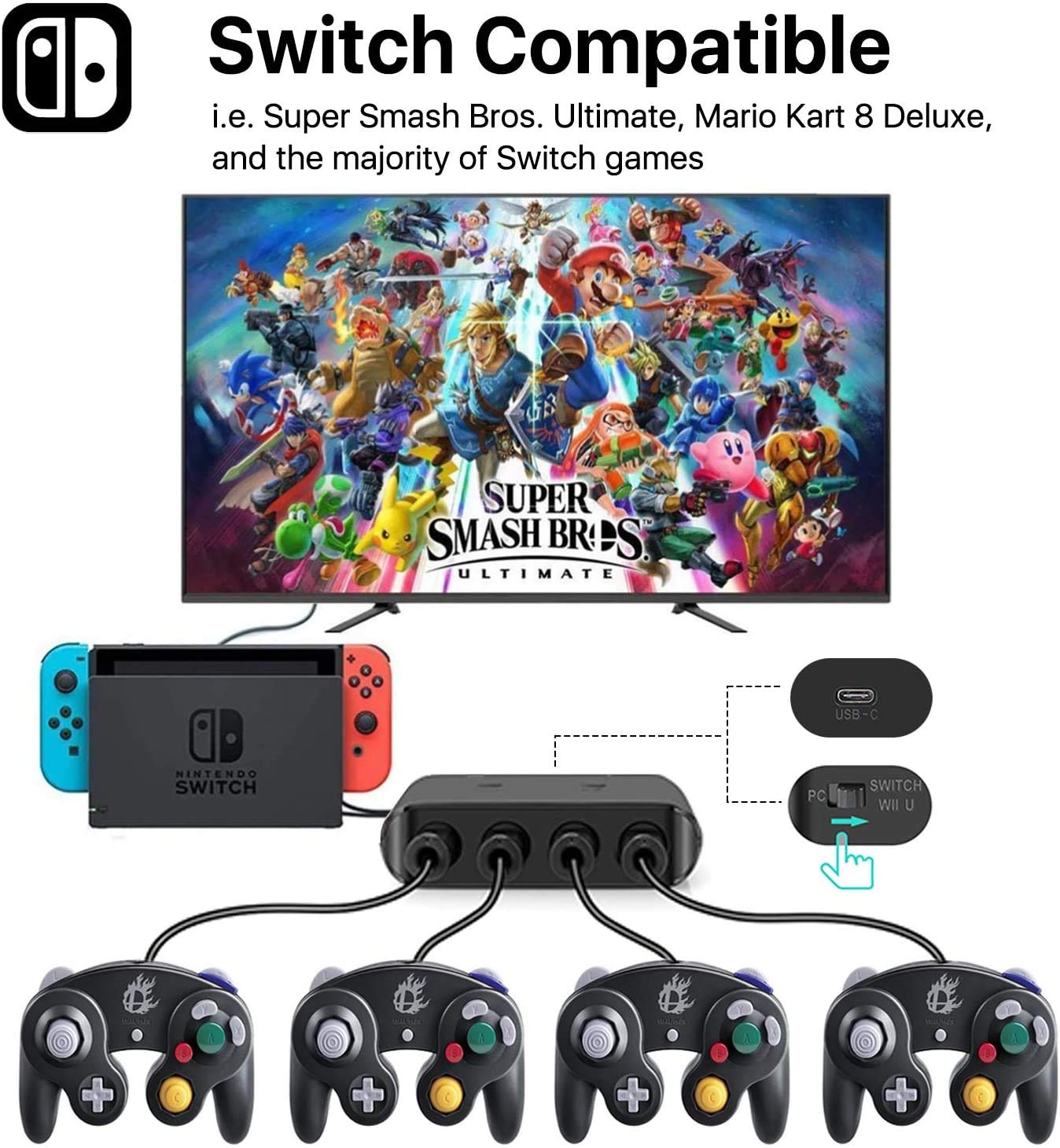 NALENSY Adapter for Gamecube Controller Adapter Compatible Switch/PC/Wii U. Super Smash Bros Switch Gamecube Adapter, Support Turbo and Vibration Features - Four Player