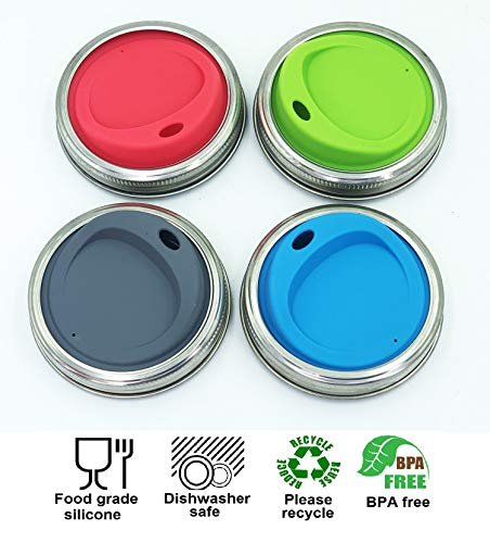 THINKCHANCES Reusable Food Grade BPA Free Silicone Sip Coffee Juice Drinking Lid Kit with Stainless Steel Rings for Mason, Ball, Canning Jars, Pack of 4 Sets (Regular Mouth,Oval Drinking Hole)