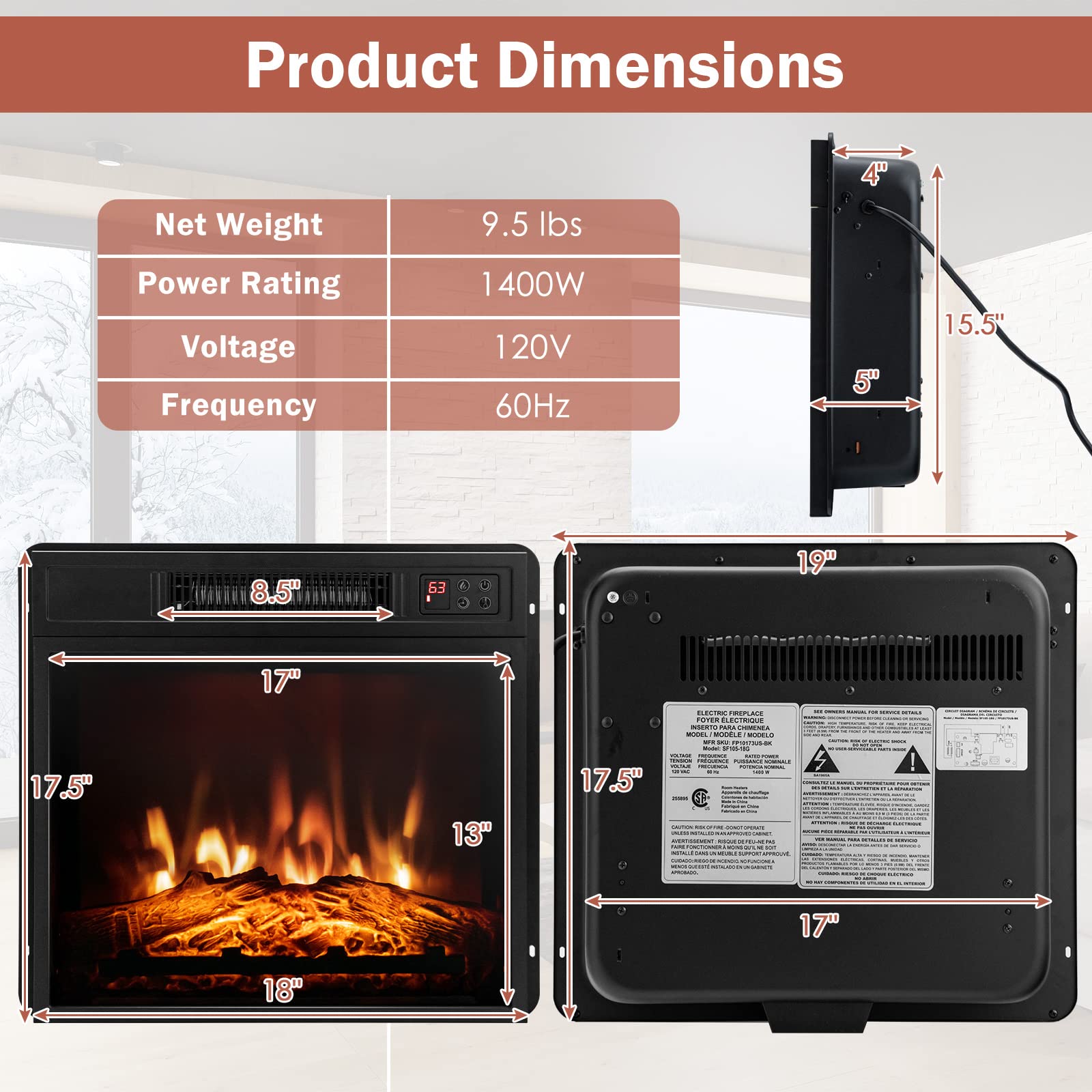 ORALNER Electric Fireplace Insert 18 Inch, Recessed Fireplace Heater with 3 LED Flame Effects, Remote Control & 6H Timer, Overheating Protection, Fireplace Insert for TV Stand, 1400W, Black