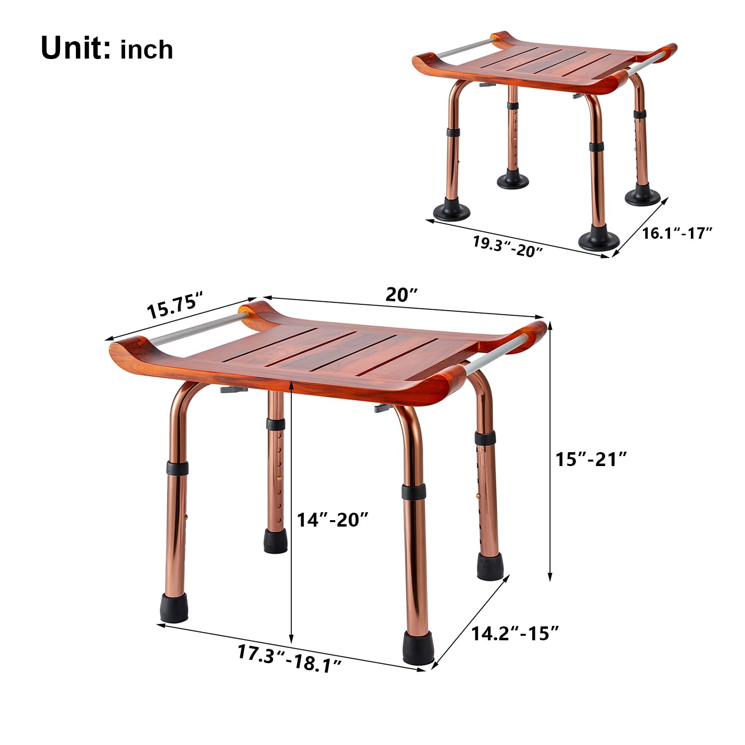 Teak Shower Bench Stool Chair Seat with Handles, Shower Benches Stool Chair Seat for Inside Shower, Height Adjustable Waterproof for Adults Elderly
