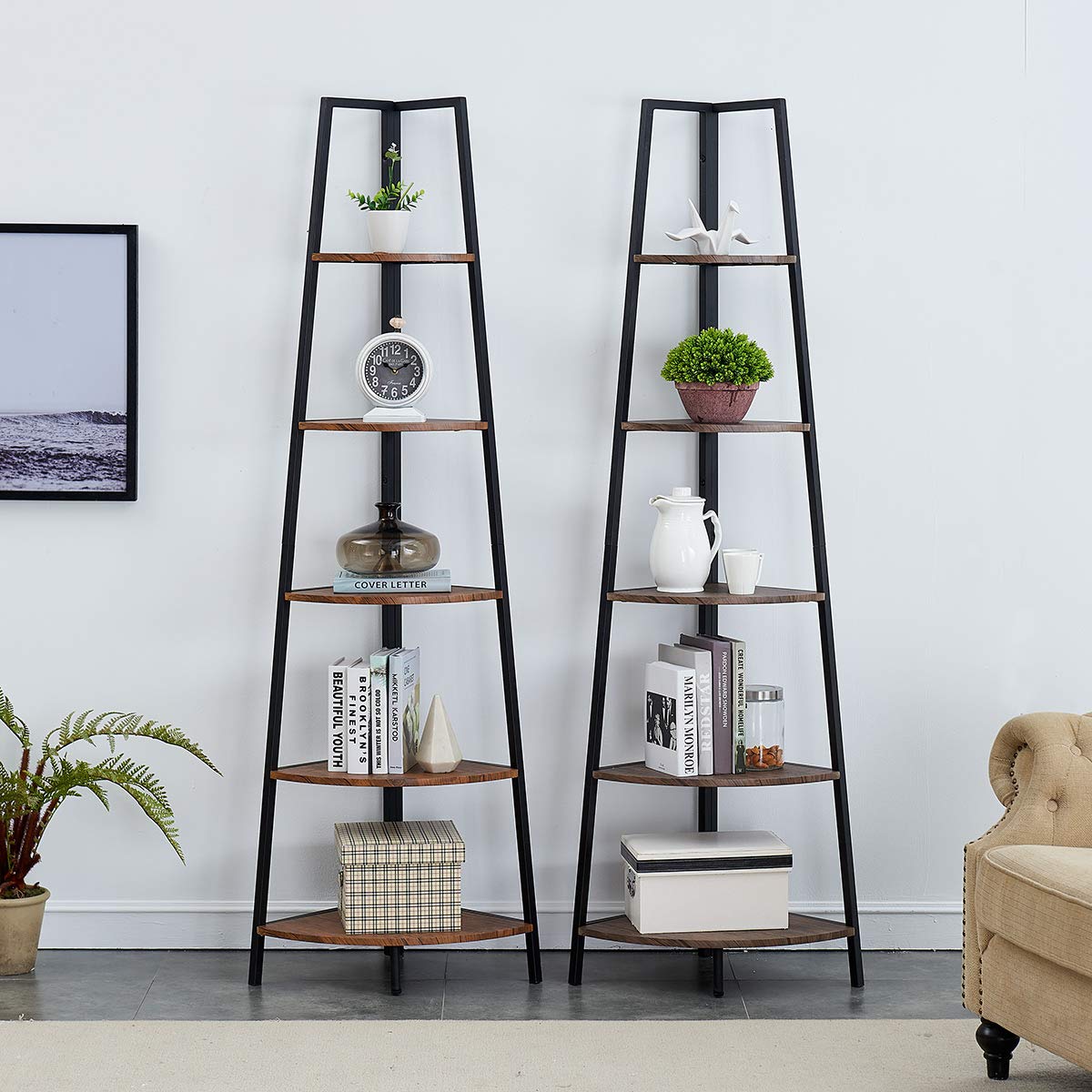 O&K FURNITURE Industrial Tall Corner Bookshelf, 5 Tier Corner Display Unit Shelves, Brown Finish