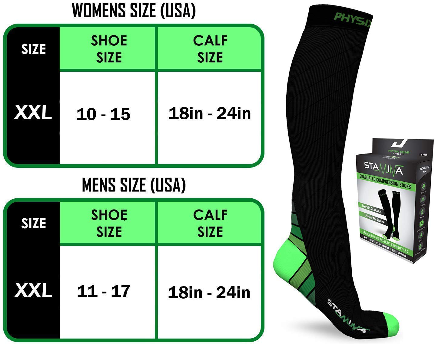 Physix Gear Sport 3 Pairs of Compression Socks for Men & Women in (Black/Green + Black/Orange + Black/Blue) XXL Size