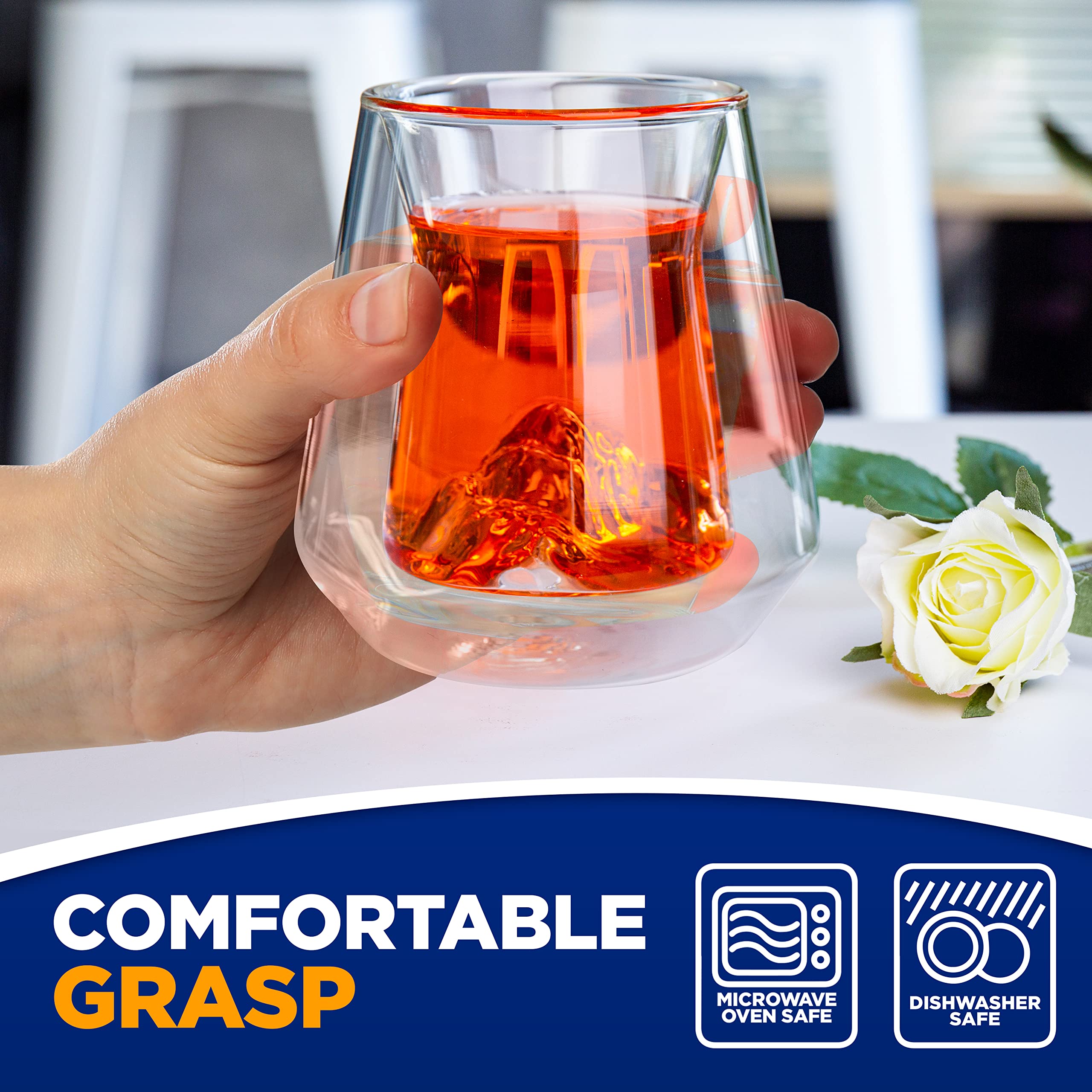NutriChef Double Wall Insulated Glasses - 2pcs 8 oz High Borosilicate Glass Sweat Free Mugs Clear Drinkware for Hot/Cold Drinks, Coffee, Espresso, Cappuccino, Latte, Tea, Microwavable, Dishwasher Safe