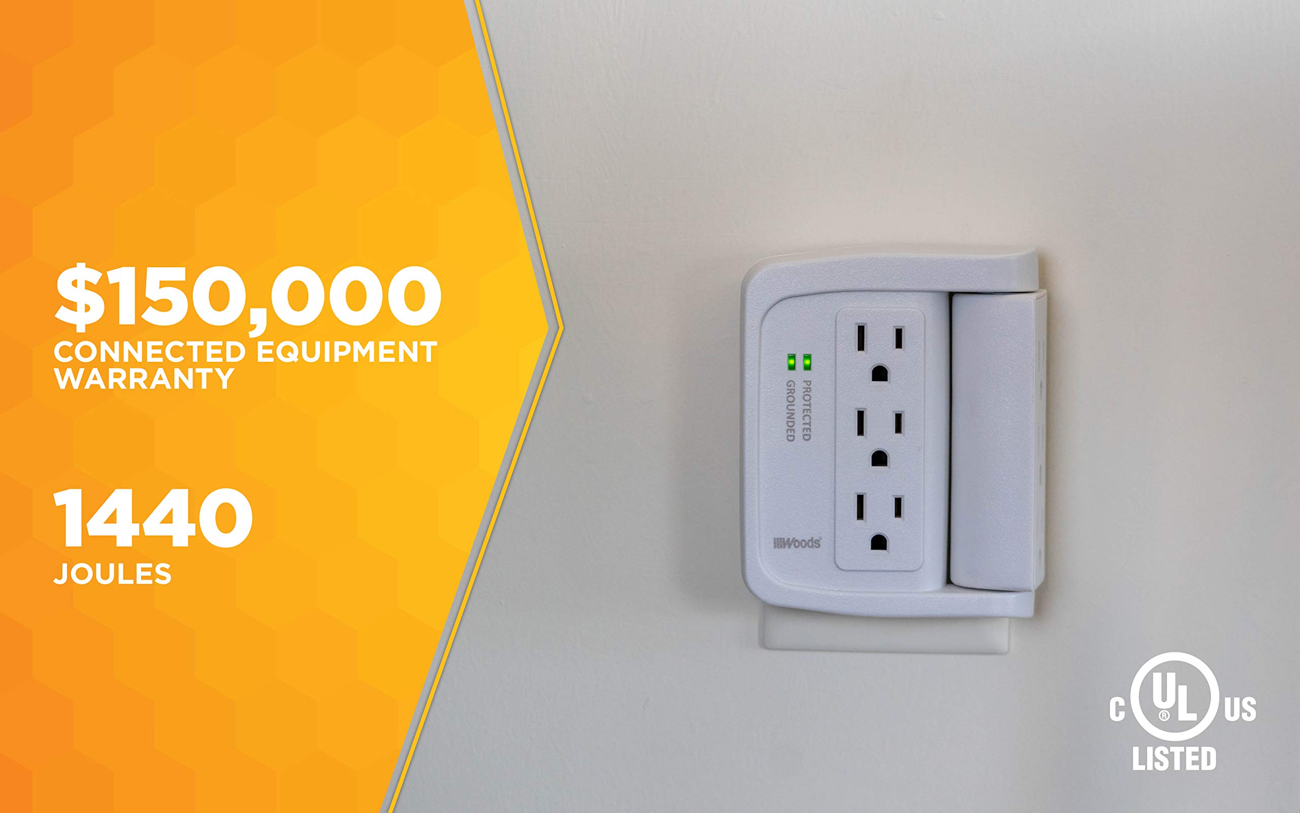 Woods 41423 Space-Saving Power Adapter Surge Protector with 6 Outlets in Which 90° for 1440J of Protection, White