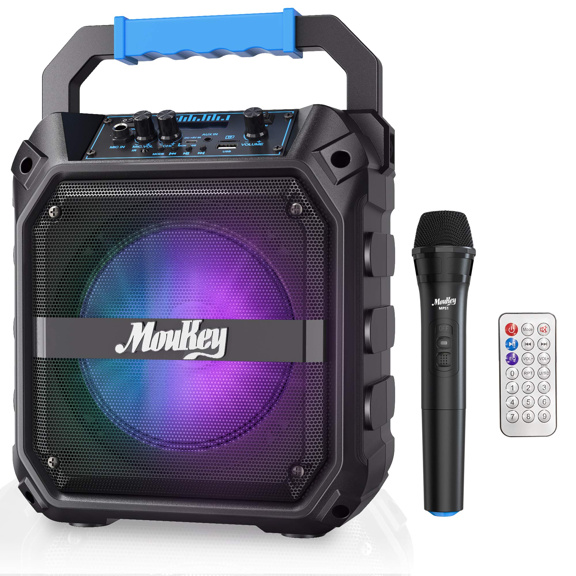 Moukey Karaoke Machine Speaker with Microphone - Bluetooth Portable PA Stereo System with 6.5'' Speaker, Wireless Mic, DJ Lights, FM Radio, Remote Control, Rechargeable, Supports TF Card/USB - MPS1