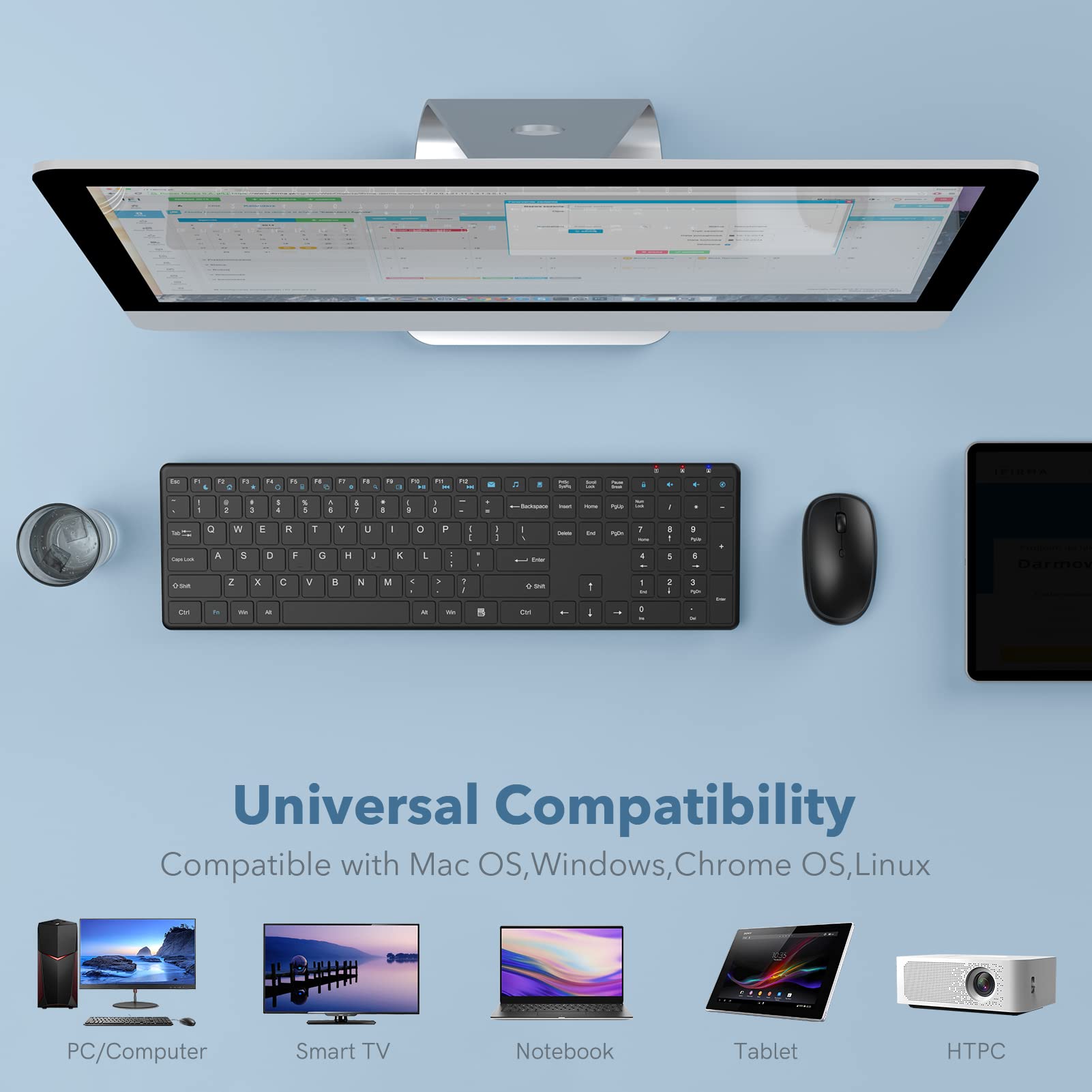 WisFox Wireless Keyboard, Ultra Slim Silent Computer Keyboard, Full Size 2.4G USB Keyboard with Number Pad for PC/Desktop/Laptop/Notebook, Black
