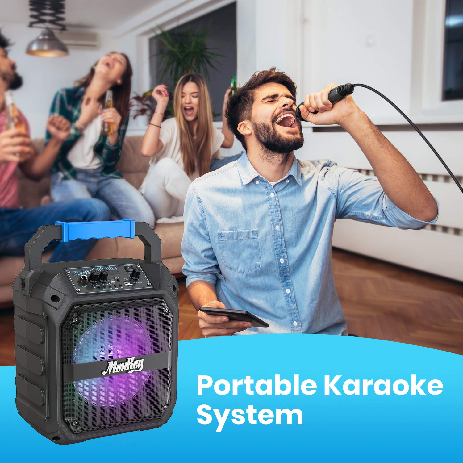 Moukey Portable Karaoke Machine - Bluetooth PA Speaker with Microphone, 6.5'' Stereo Speaker, DJ Lights, FM Radio, Remote Control, Rechargeable, Supports TF Card/USB - MPS2