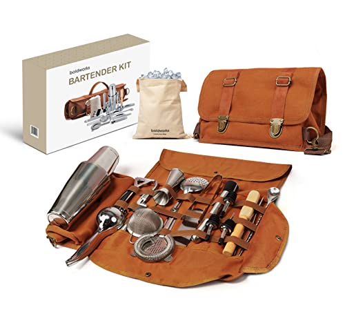 Travel Bartender Kit with 20 Piece Stainless Steel Travel Bar Kit Set and Portable Bartender Kit Bag for Traveling Camping Professional Bartender Kit for Bartending and Cocktail Making