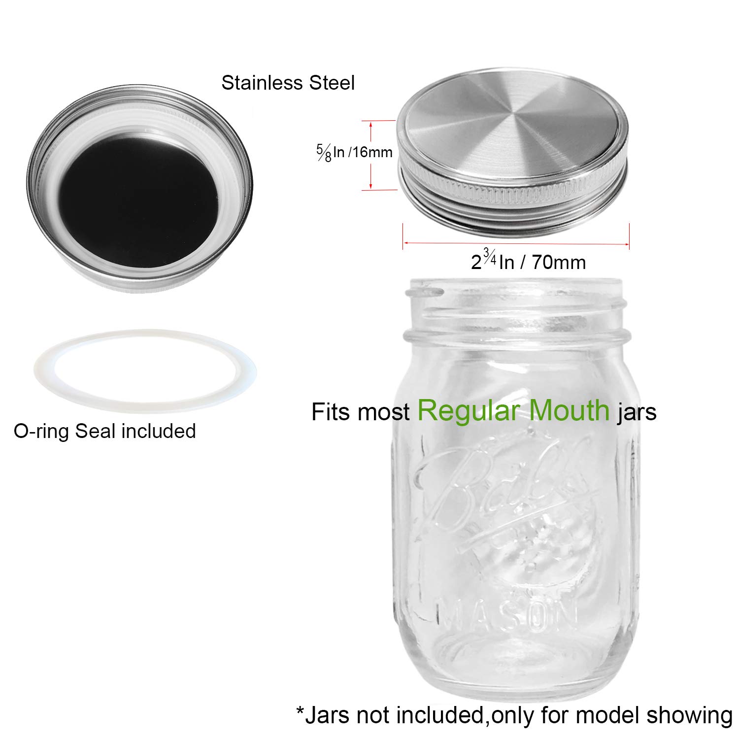 Stainless Steel Mason Jar Lids, Storage Caps with Silicone Seals for Regular Mouth Size Jars, Polished Surface, Reusable and Leak Proof, Pack of 12 (12-Pack Regular Mouth stainless steel)