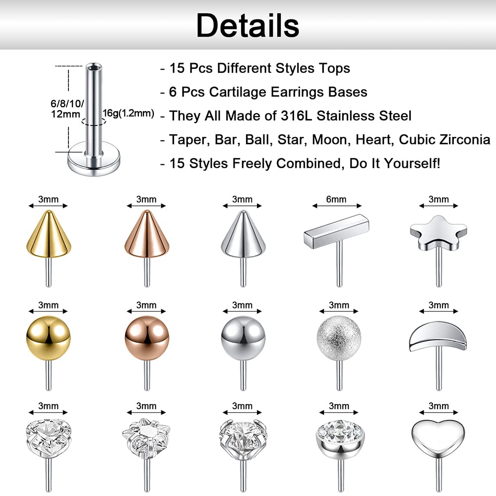 PunkTracker 16G DIY Threadless Cartilage Earring CZ Nose Piercings Nose Studs Surgical Steel Earrings Tragus Helix Conch Medusa Piercing Jewelry Lip Rings Labret Studs