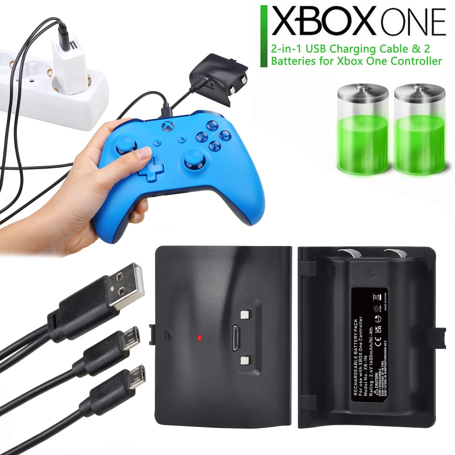 Xbox One Controller Battery Pack, 2 Pack 1400mAh Rechargeable Battery for Xbox One/One S/One X with LED Indicator (Not for Xbox Series X/Xbox Series S)