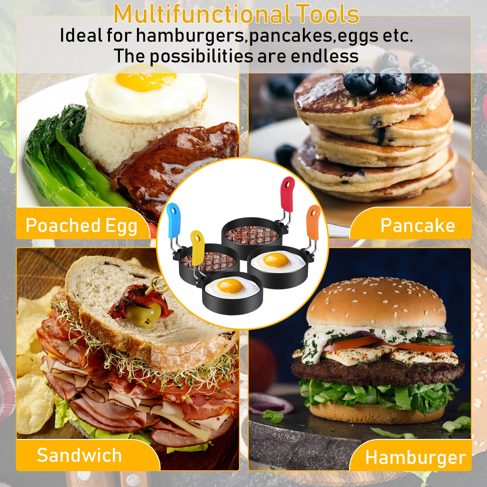 Stainless Steel Nonstick Egg Rings, Oil Brush, Silicone Spatula, Round Frying Eggs Pancake Mold with Anti-scald Handle, for Camping Breakfast Sandwich Burger Fried Eggs English Muffins - 6 Pack