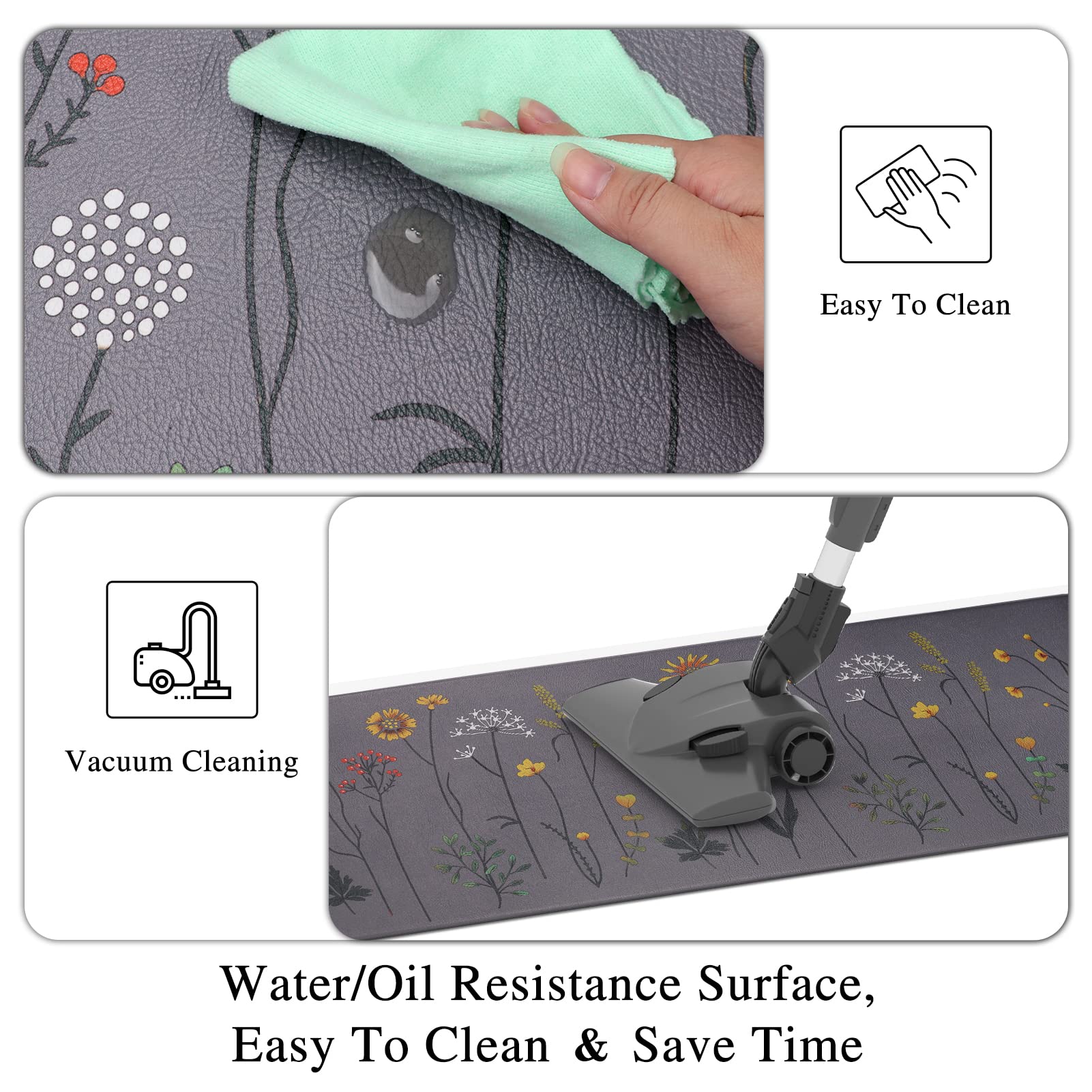 Rempry Kitchen Rugs and Mats Set of 2, Colorful Flowers , Non Slip Cushioned Anti-Fatigue Floor Mats for Kitchen Sink Office, 17"x47"+17"x29"