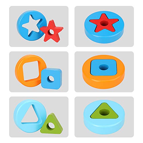 Miunana Wooden Stacking Rings Rainbow Geometric Shape Stacker Toddler Learning Toys Builing Puzzles Educational Game for Kids