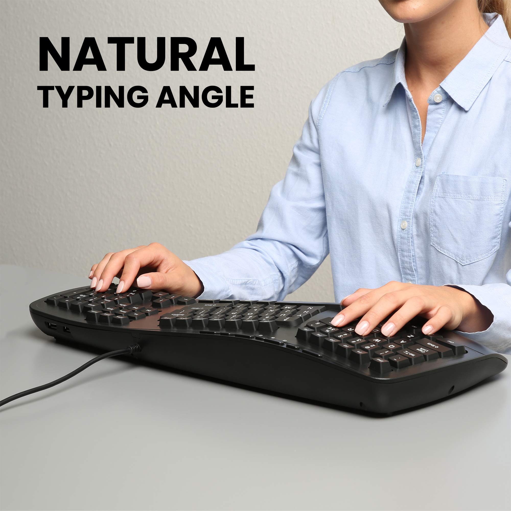 Perixx PERIBOARD-312 Ergonomic Backlit Keyboard - Wired USB with 2 Hubs - Natural Ergonomic Split Design - White LED - Black