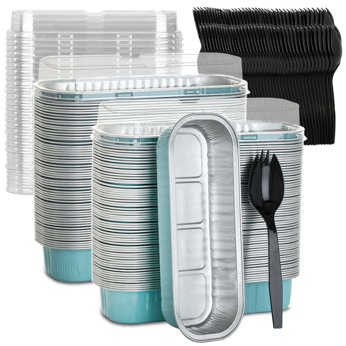 MOACOCK 100 Pack Aluminum Mini Loaf Pans, Aluminum Foil Pans with Lid, 6.8oz Disposable Rectangle Baking Containers Muffin Baking Tins Mini Cake Pans, Pans/Lids/Spoons (Blue)