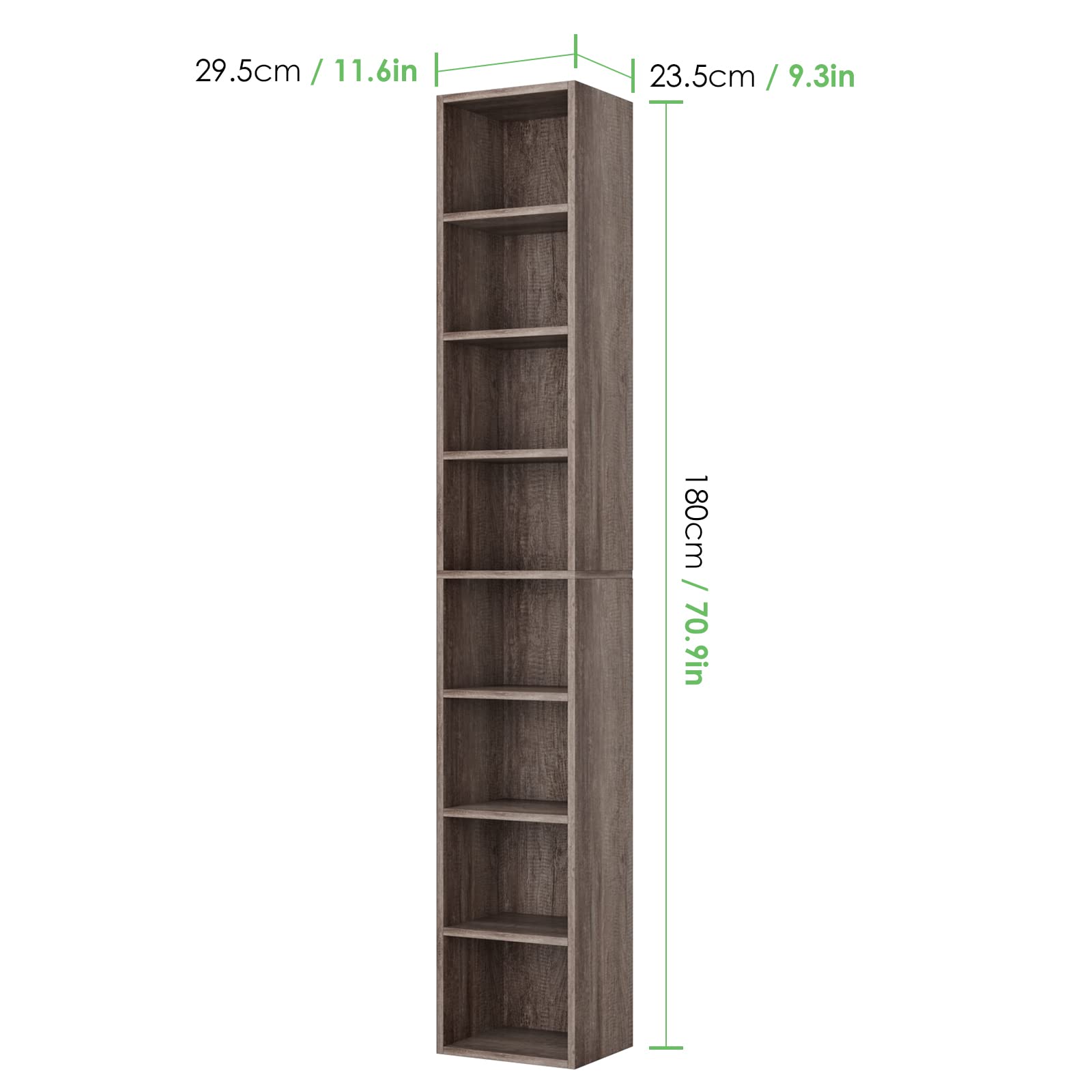 PUPL 8-Tier Media Tower Rack, CD DVD Storage Organizer Cabinet with Adjustable Shelves, 11.6 x 9.3 x 70.9 Inches Slim Wood Look Bookshelf Display Bookcase for Home Office, Oak