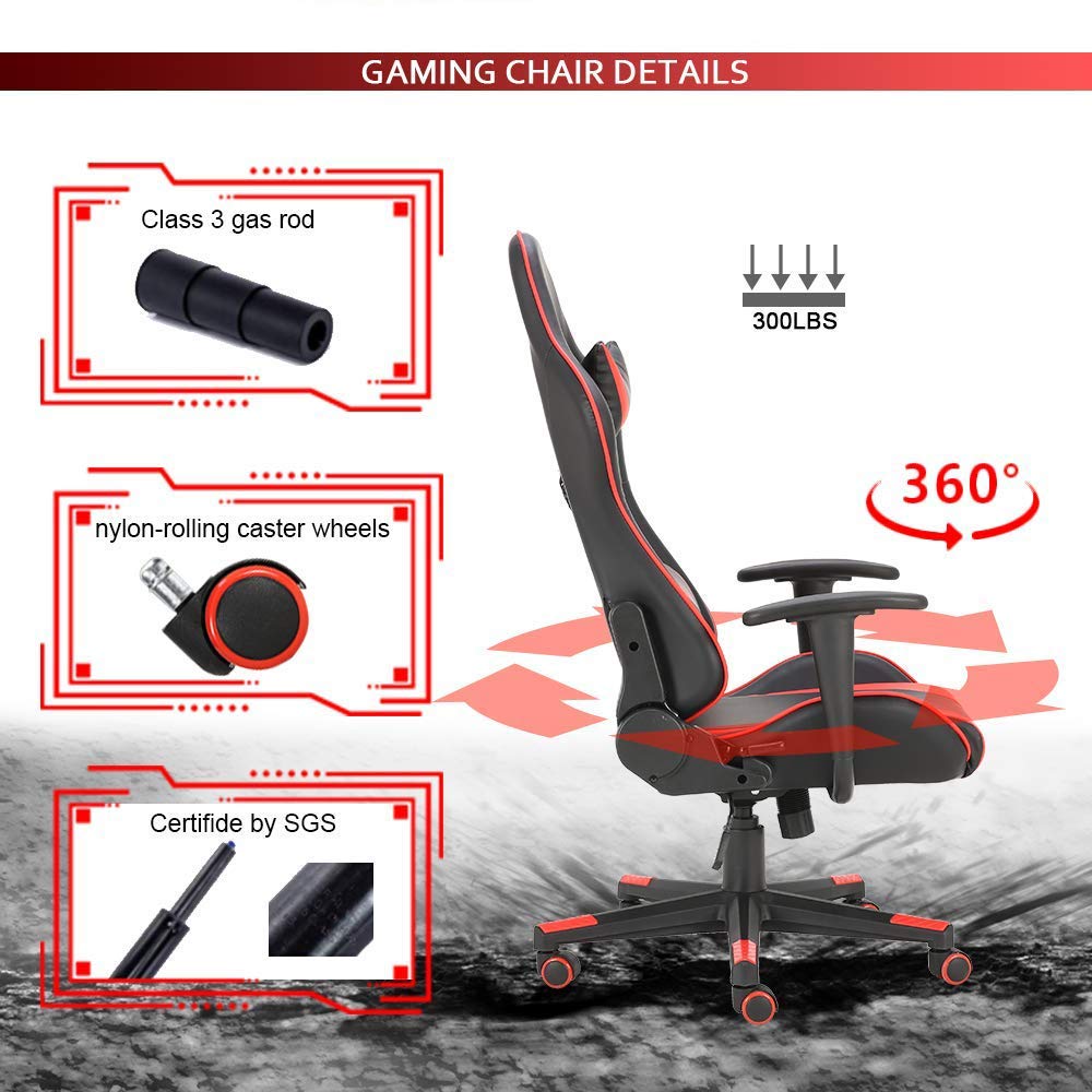 OGEFER Gaming Chair PC Computer Chair Racing Style Ergonomic with Massage Headrest Pillow Lumbar Support Armrest Home Office Swivel Chair Rocking Function 180 Degree Reclining Black Red