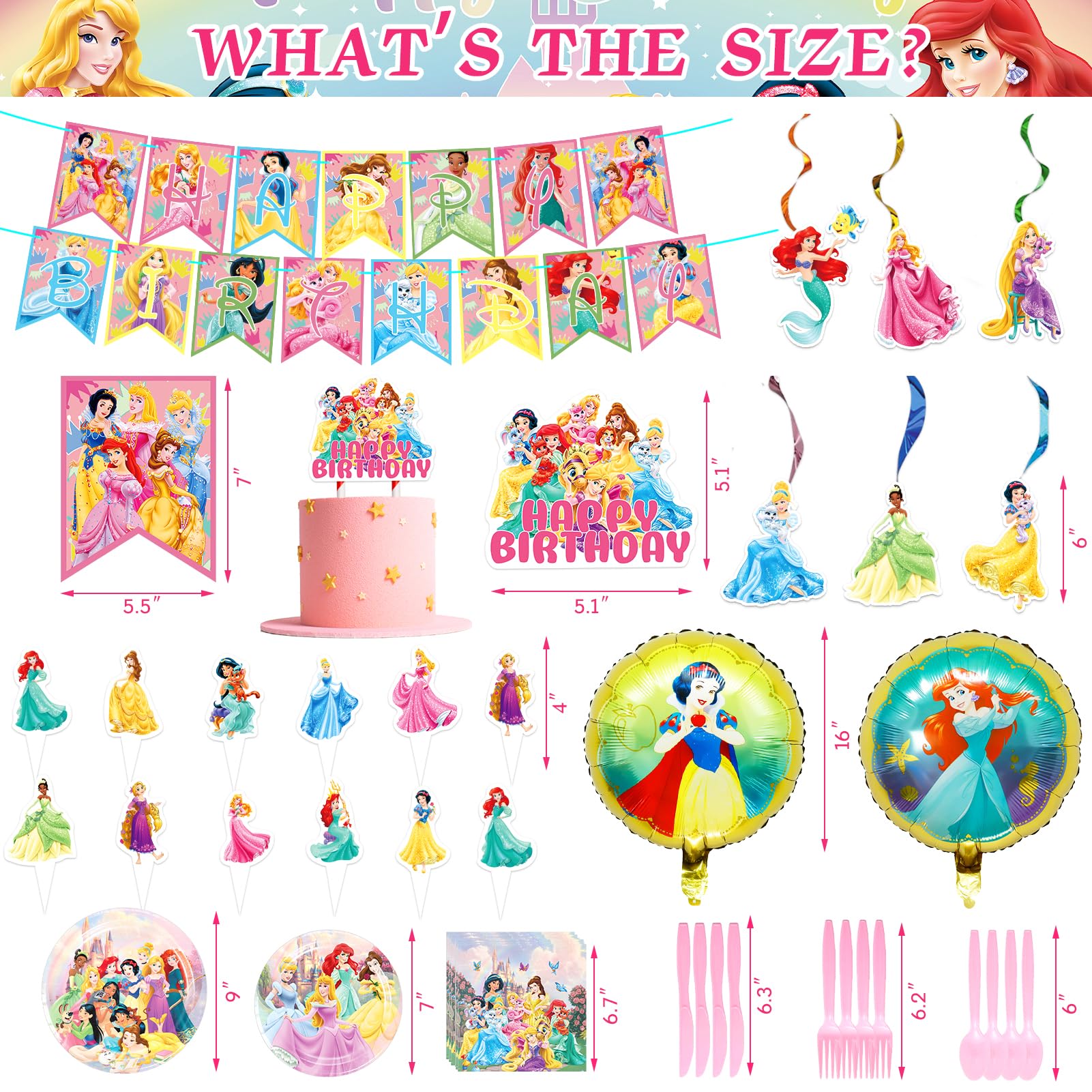 Princess Birthday Decorations - Princess Party Decorations include Banner Tablecloth Backdrop Ballons Cake Cupcake Toppers Tableware Haning Swirls, Princess Birthday Party Supplies