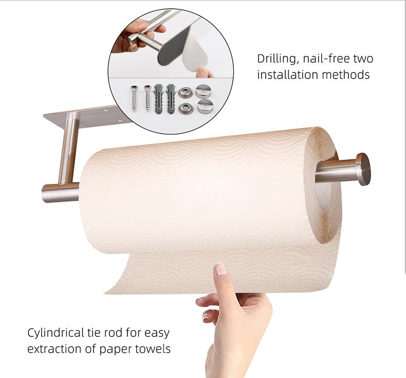 Paper Towel Holder Kitchen Roll Holder, Kitchen Roll Organize, Paper Towel Roll Holder for Kitchen Bathroom, Paper Towel Holder Under Cabinet (Silver)
