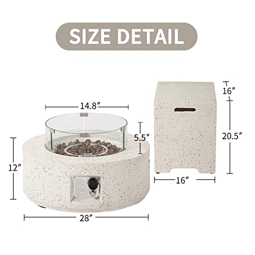 SUNBURY Outdoor 28 Inch Propane Fire Pit Table, Round Fire Table w Tank Table, 40,000 BTU Spotted White Patio Gas Fire Table w Tempered Glass Wind Guard, Waterproof Cover
