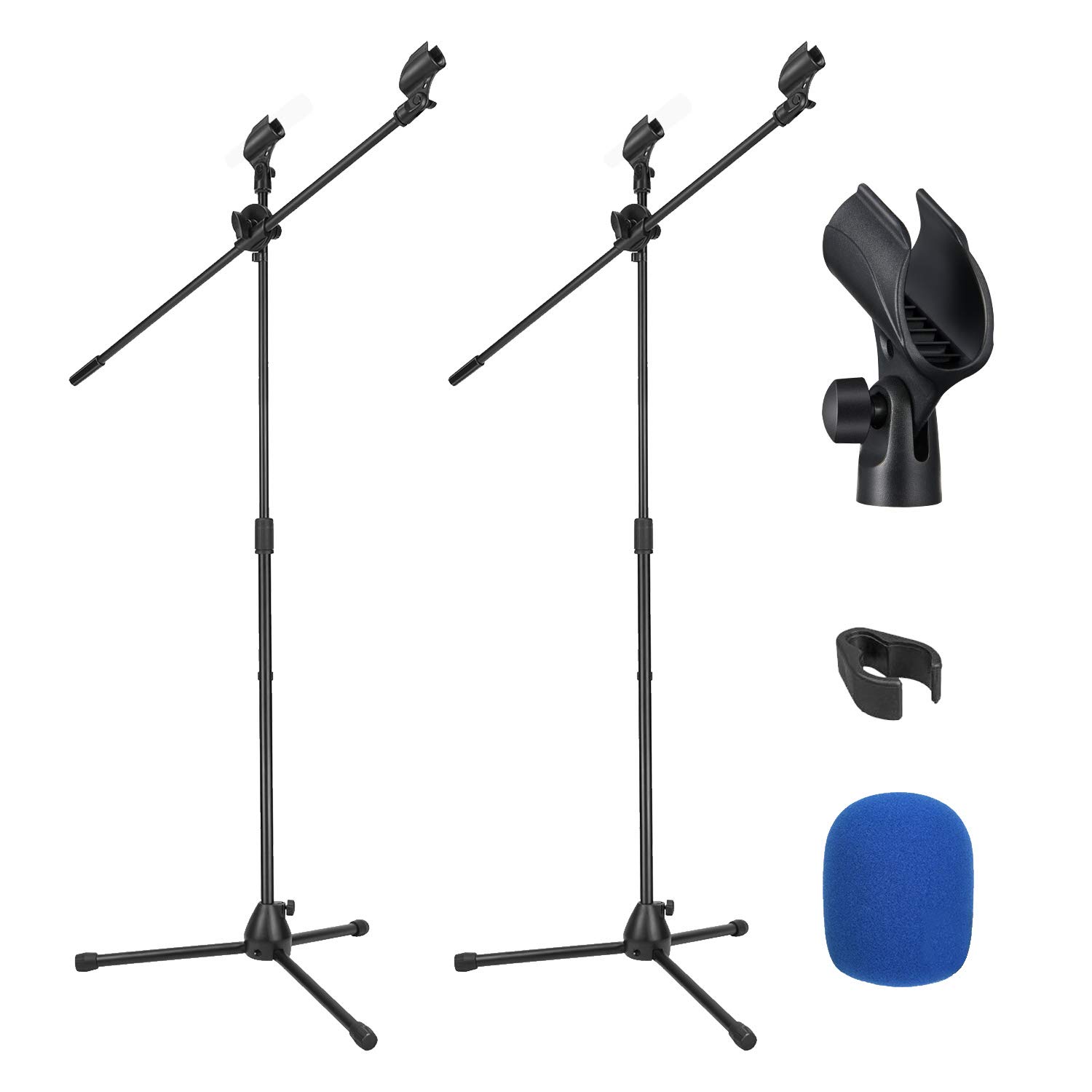 Moukey Mic Stand, Tripod Boom Microphone Stands with 4 Non-Slip Mic Clips and 4 Foam covers, Adjustable, Collapsible for Shure sm7b / sm58, 2-Pack (Black)