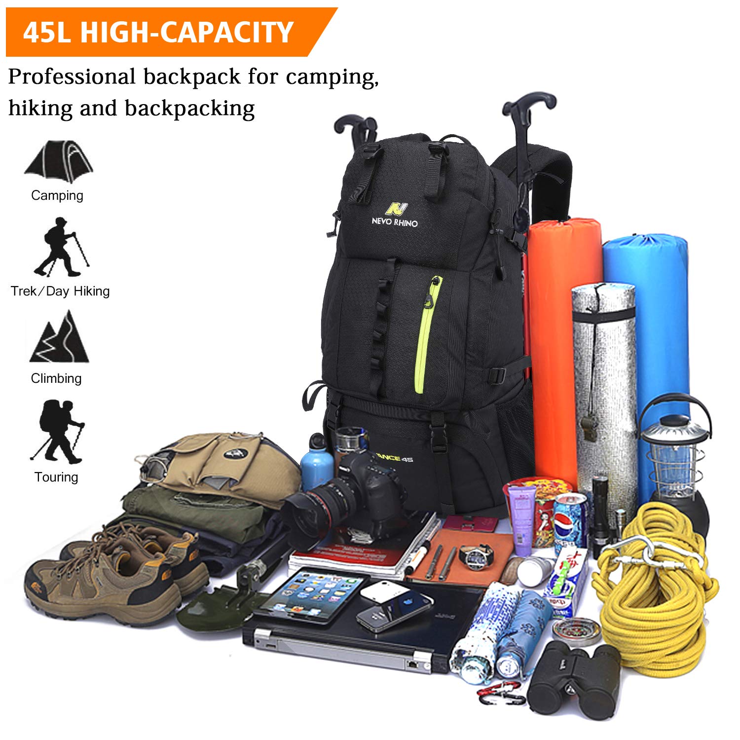 Lightweight Hiking Backpack 45L / 50L,Internal Frame Backpack with Rain Cover and Whistle Buckle; Durable Rock Climbing Backpack. High Performance Backpack for Camping, Tourism and Outdoor Sports