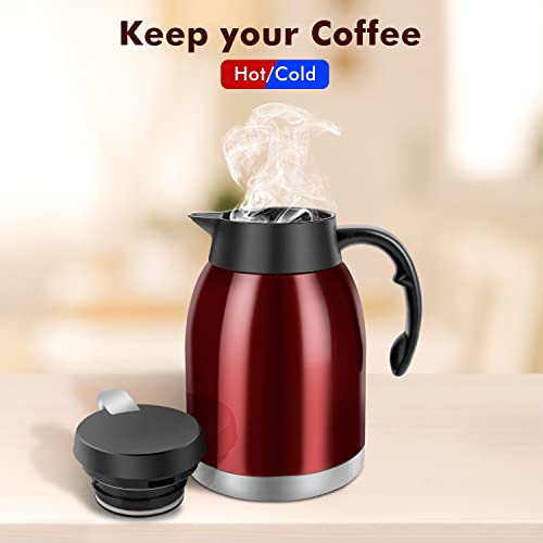 Stainless Steel Thermal Coffee Carafe Dispenser, Unbreakable Double Wall Vacuum Thermos Flask Large Capacity 56oz 1.6L Water Tea Pot Beverage Pitcher for Banquet and Easter Party(Bright Red)