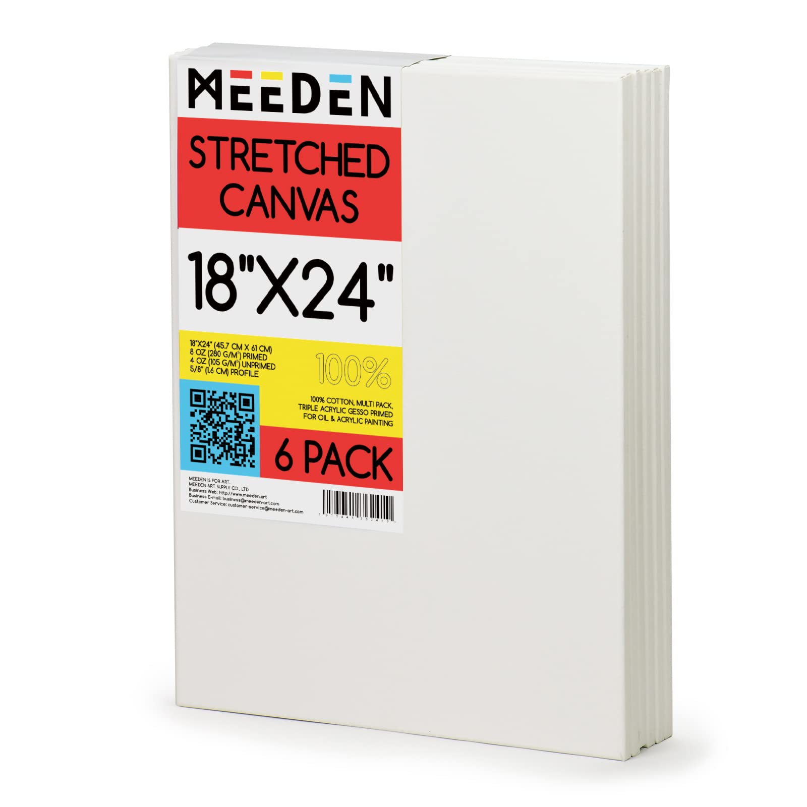 MEEDEN Stretched Canvas, 18 × 24 Inch, Pack of 6, Blank White Canvases for Painting, 100% Cotton, 8 oz Gesso-Primed, Pre-Stretched Canvas for Acrylic Oil Pouring & Airbrushing Painting