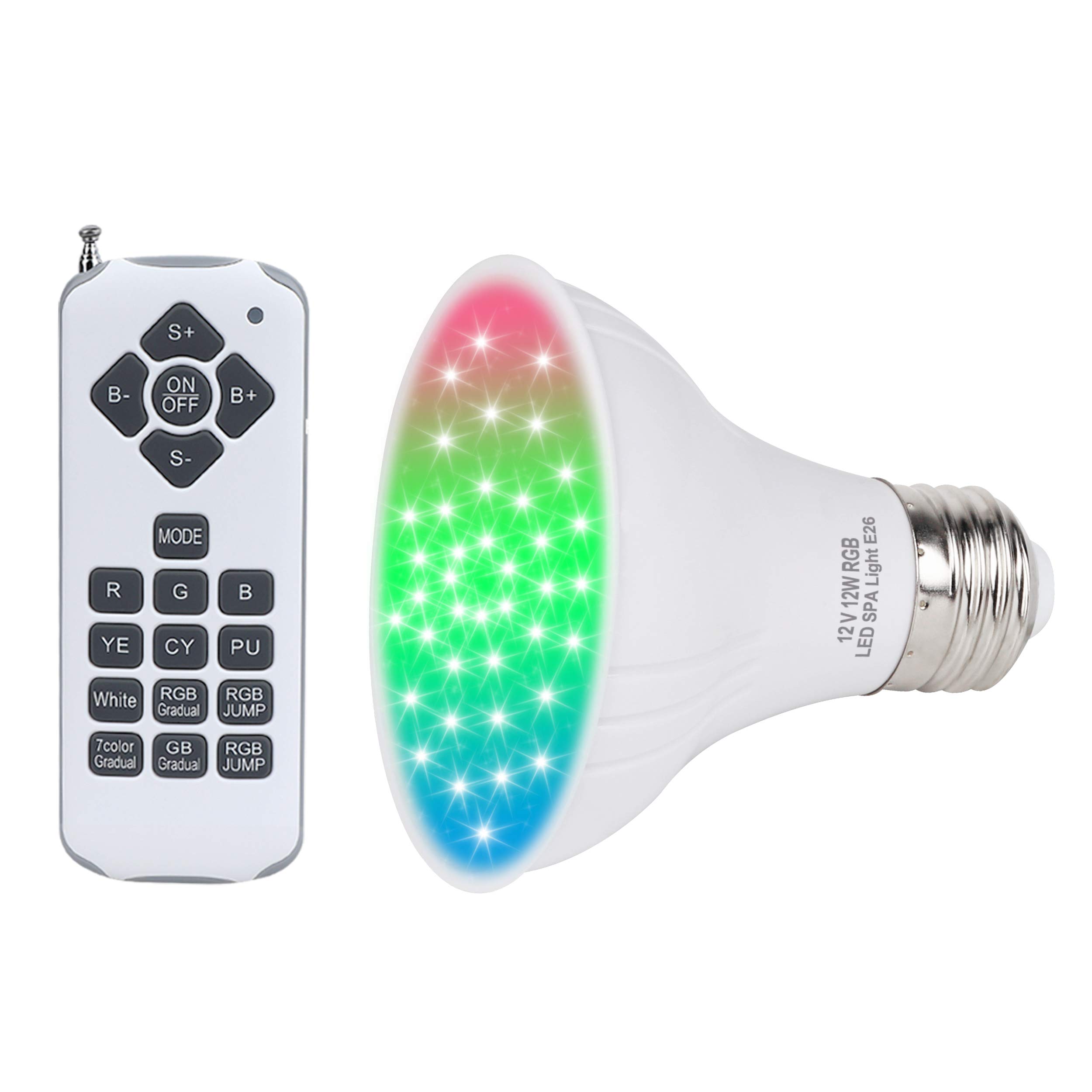 XIUBE SPA LED Light Bulb for In-ground SPA Underwater Swimming Pool RGB Color PAR20 LED Light Bulb E26 Base Replacement for Light Fixtures Remote Switch Control, 12V-12W-RGB LED SPA Light, 12V RGB