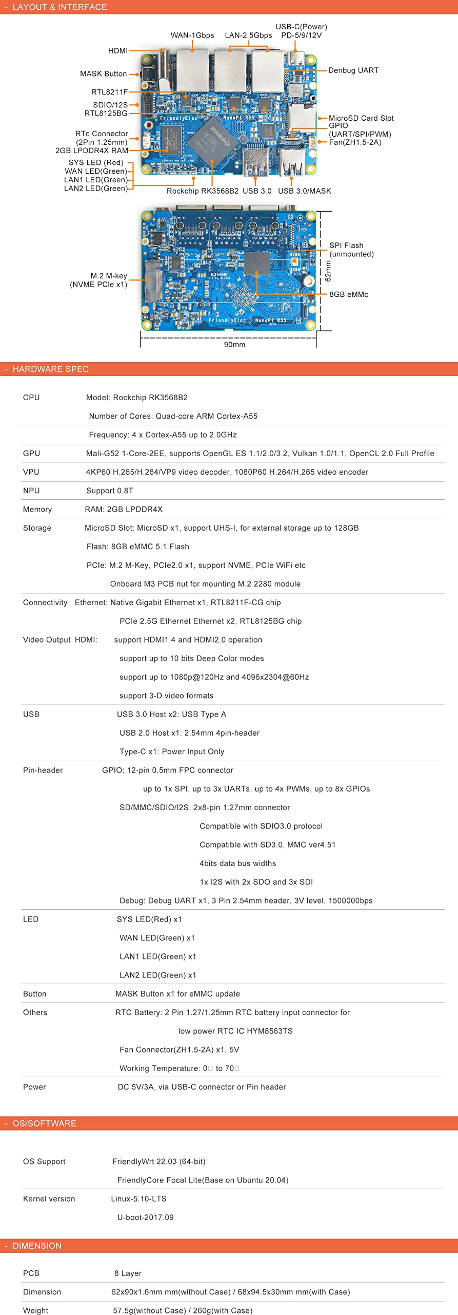 Nanopi R5S Mini Router Cortex-A55 2.0GHz OpenWRT Single Board Computer with Three Gbps Ethernet Ports LPDDR4X 4GB RAM Based on Rockchip RK3568 for IOT NAS Smart Home Gateway Support Android Debian