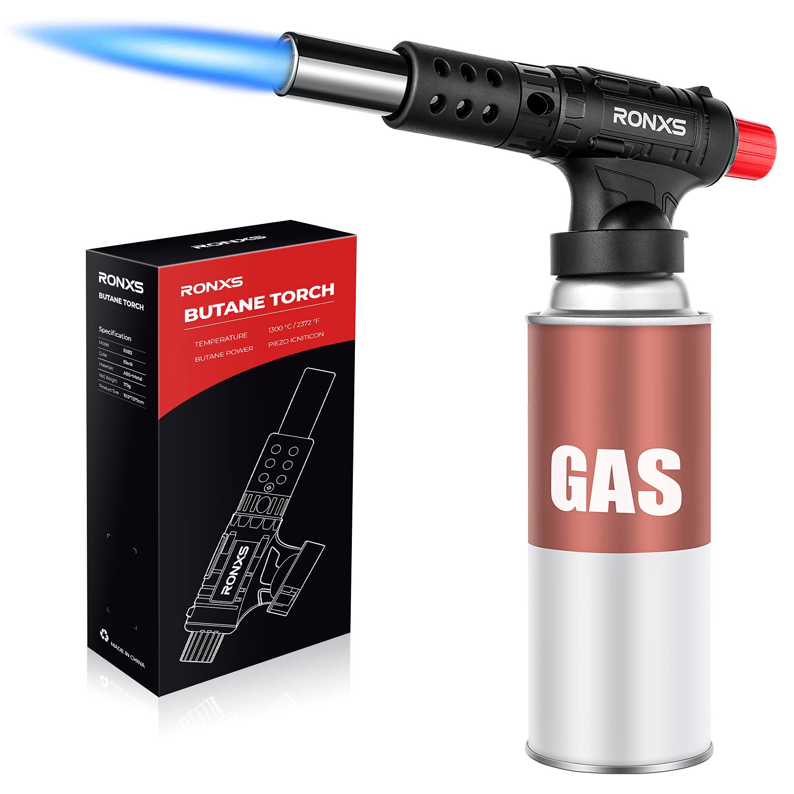 RONXS Butane Torch lighters, 2 Flame Mode Kitchen Cooking Torch with Inverted Use Adjustable Flame Culinary Blow Torch for BBQ, Baking, Sushi, Butane Not Included