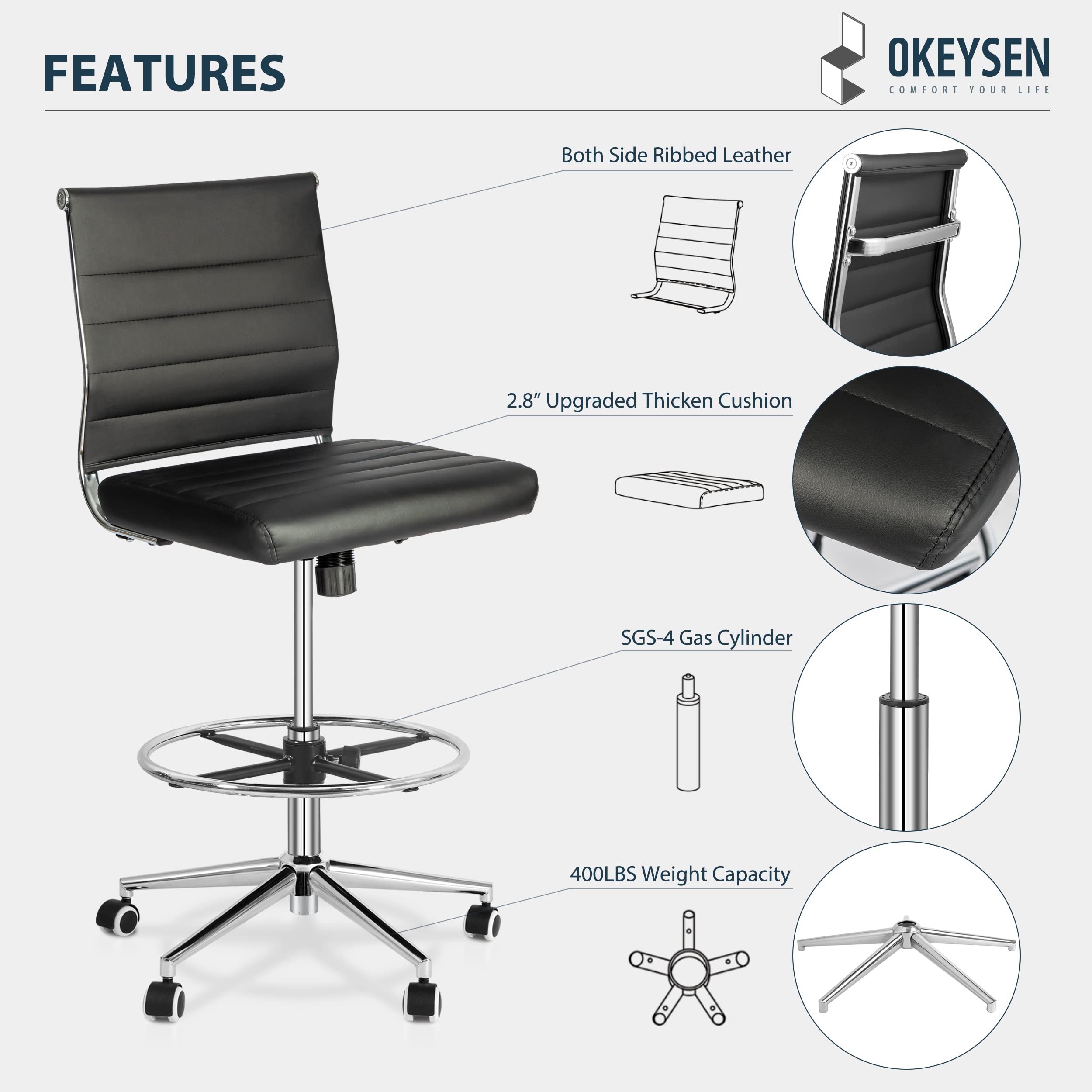 Okeysen Armless Drafting Chair, Tall Office Desk PU Leather Chair for Standing Desk, Drafting Stool with Mid Back, Rolling Stool with Footrest, Height Adjustable Swivel Task Chair for Home Office