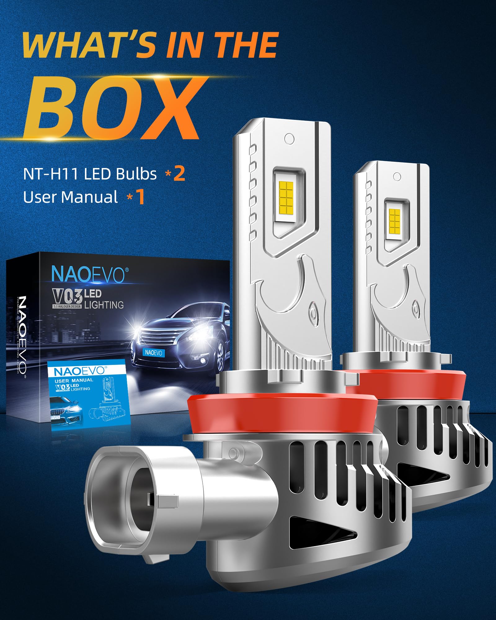 NAOEVO 9005 H11 LED Bulbs Combo, 1:1 Mini Size 32000LM 400% Super Brightness 6500K, Wireless HB3 H8 High and Low Beam Bulbs, Halogen Replacement H11 LED Fog Light Bulbs, Plug and Play, Pack of 4