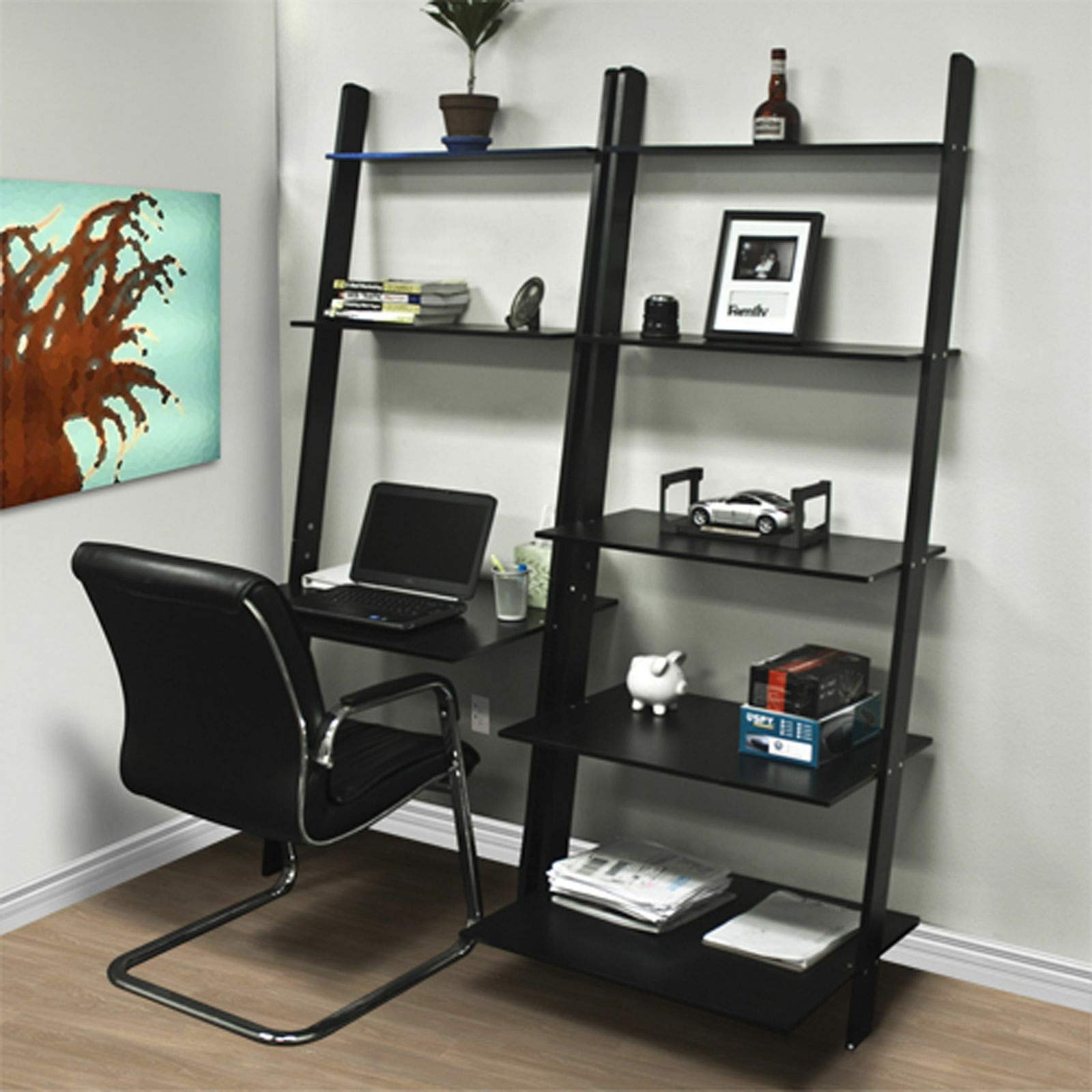 Naphat Shop Black Wood Leaning Shelf Computer Laptop Desk Bookcase Home Office Furniture New