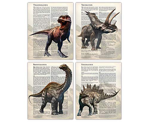 TRex, Triceratops, Brontosaurus, Stegosaurus Set of 4, 8x10 Dinosaur Wall Art: Embark on a Jurassic Journey with This Dinosaur Room Decor for Boys, Girls & Teens - Great Dinosaur Poster for Bedroom