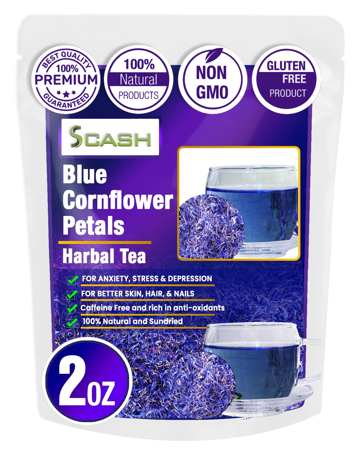 Scash Blue Cornflower Petals - Blue Flowers Dried And Grown Culinary-grade - Herbal Flower Buds For For Tea Blends & Decoration (Centaurea Cyanus) (2 Ounce/ 56 Grams)