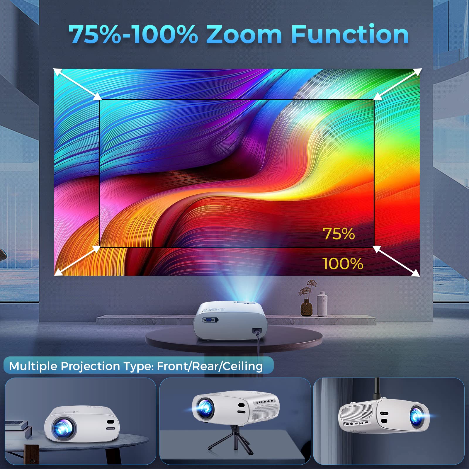 Projector with WiFi and Bluetooth - Native 1080P 9500 LUX Brightness, Support 300 Inch Display, Keystone & Zoom, Movie Outdoor Projector Portable Design with Carry Bag